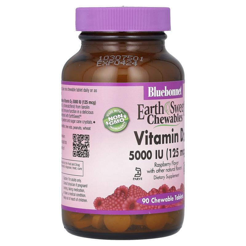 Bluebonnet Nutrition Vitamin D3, Raspberry, 5,000 IU (125 mcg), 90 ...
